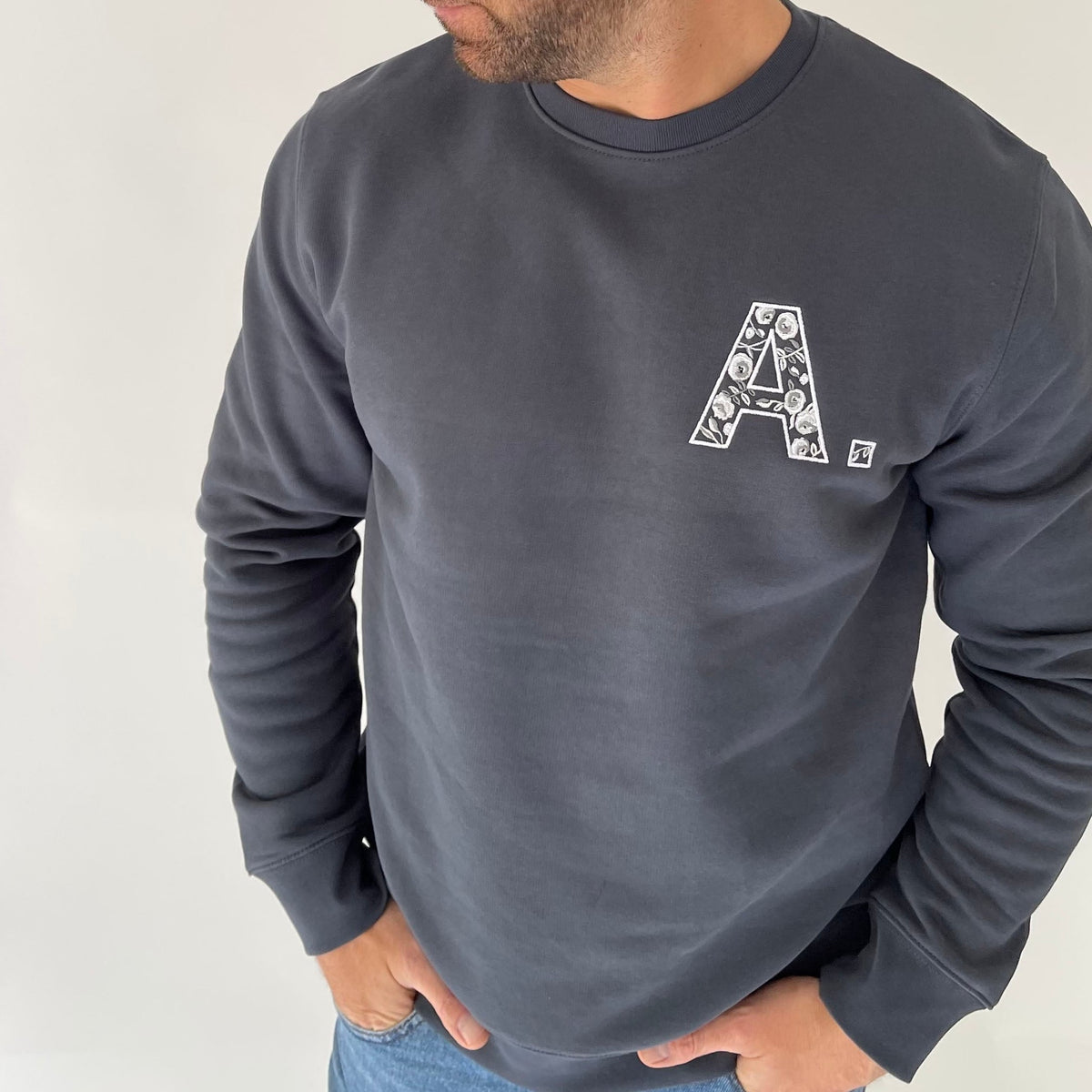 Slate Grey Floral Letterman Embroidered Sweatshirt – www ...